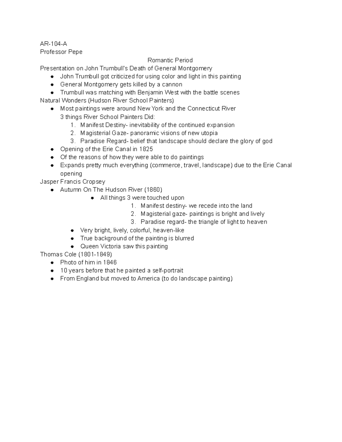 Romantic Period-2 - Lecture notes 4 - AR-104-A Professor Pepe Romantic ...