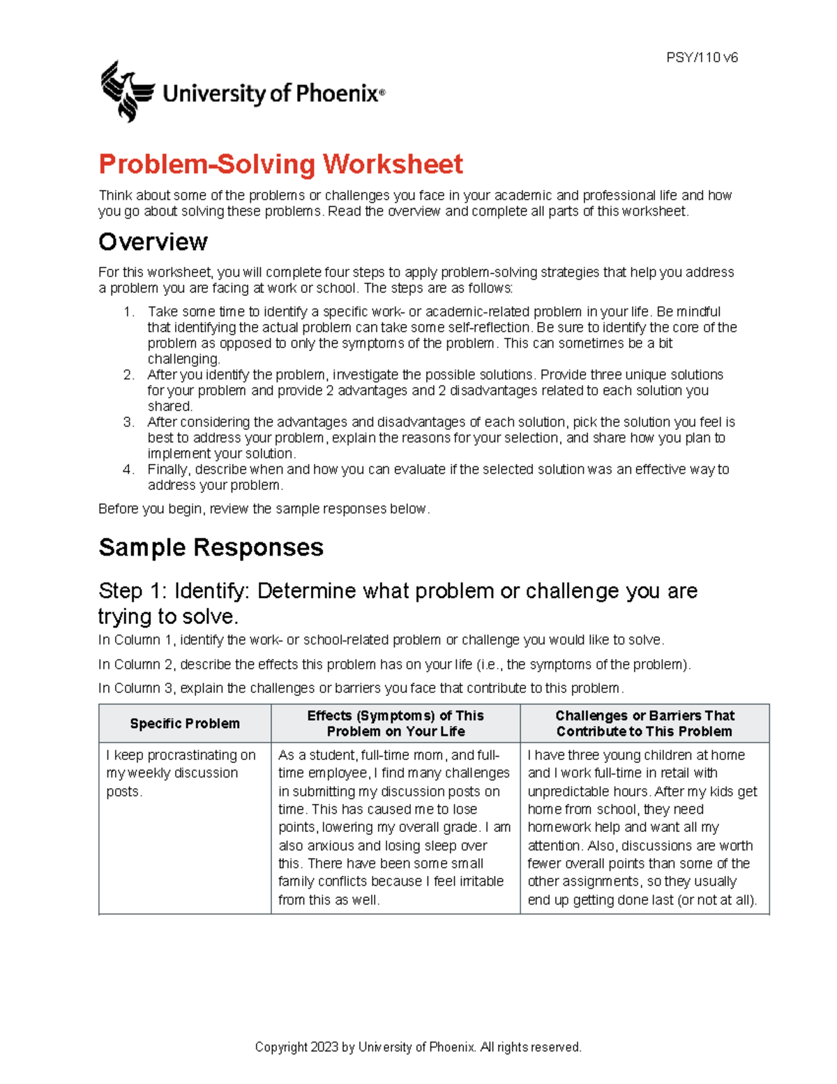 Complete assignment wk4 psy110 - PSY/110 v Problem-Solving Worksheet ...