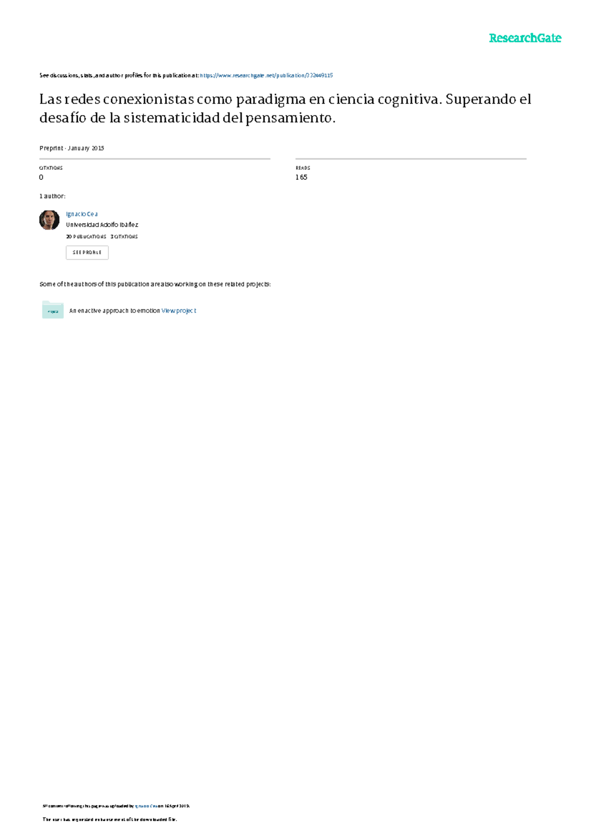 Lectura 4. Ignacio Cea. (2015 ) Las redes conexionistas como paradigma ...
