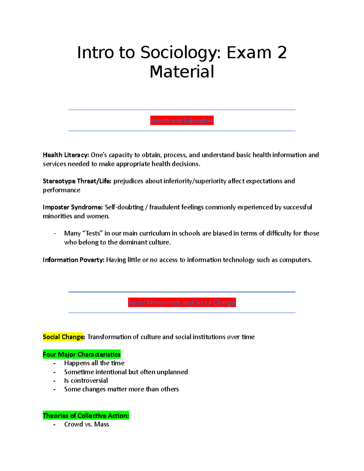 Exam 2 Material - Intro to Sociology: Exam 2 Material Health and ...