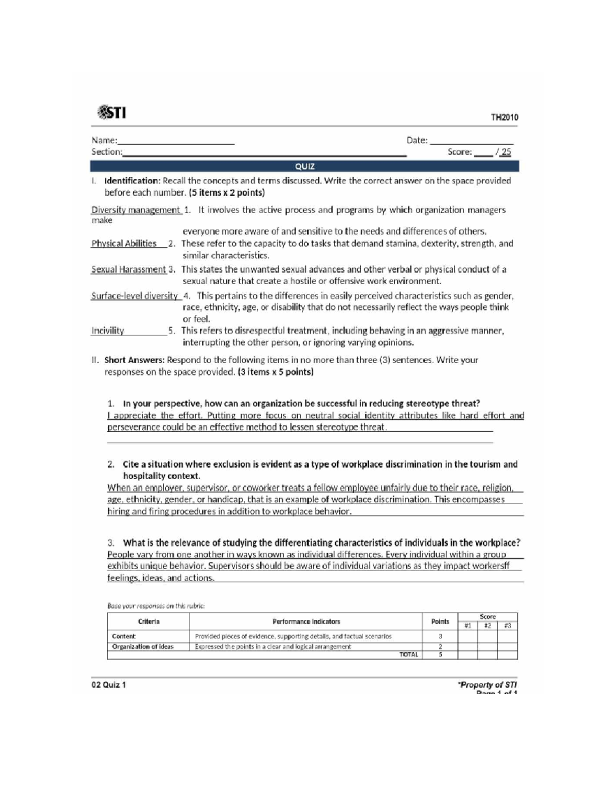 Doc1 - quiz in diversity - STI TH2010 Name: Date: Section: Score: QUIZ ...