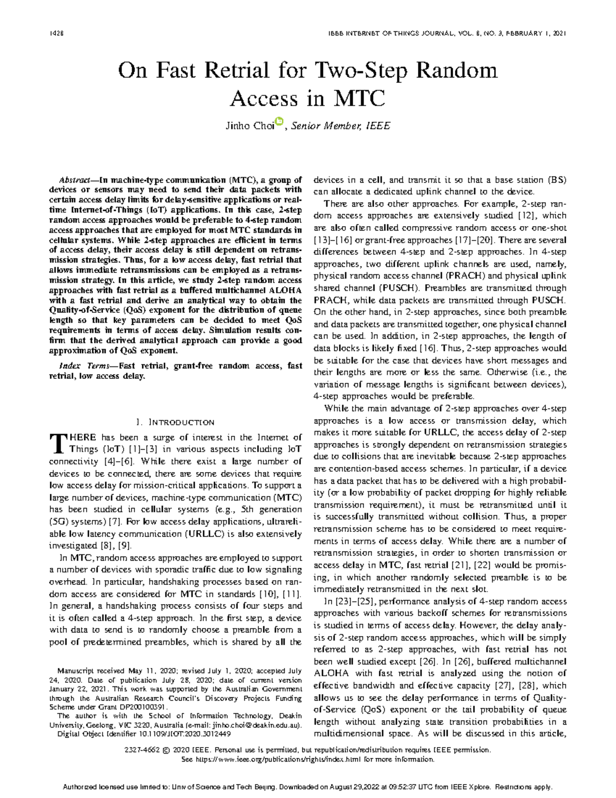 On Fast Retrial for Two-Step Random Access in MTC - 1428 IEEE INTERNET OF THINGS JOURNAL, VOL. 8 ...