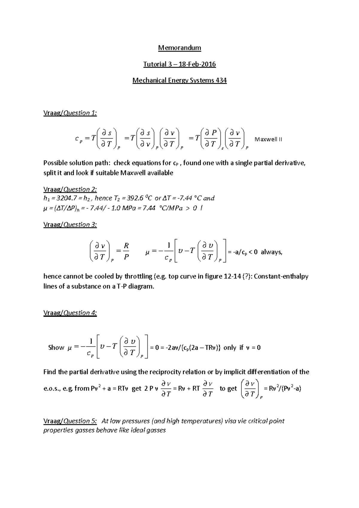 Memo Tut 3 (Rev.1) - ES M434 - 2016 - Memorandum Tutorial 3 – 18-Feb-2016 Mechanical Energy ...