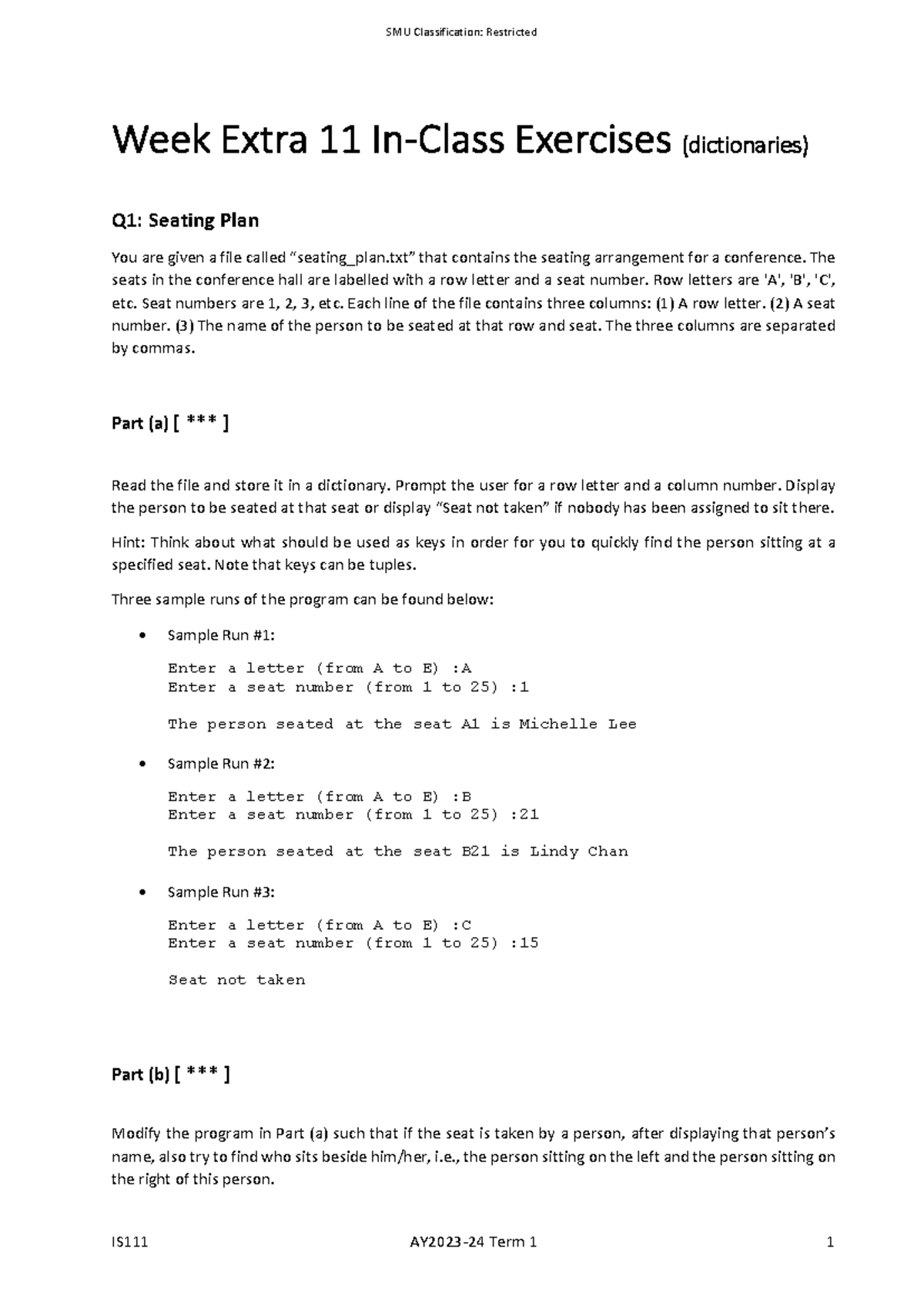 Week 11 In-Class Exercises (Extra) (v1 - IS111 AY20 23 - 24 Term 1 1 SMU Classification ...
