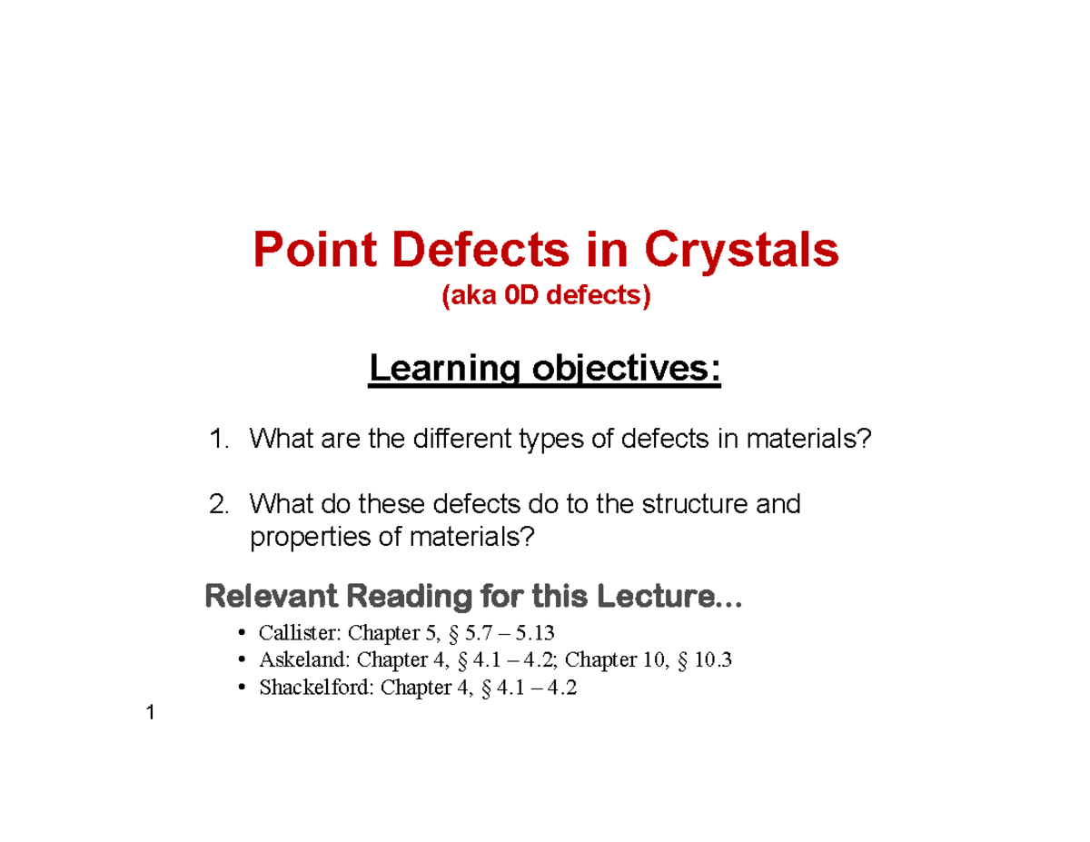 07 MTE 271 Point Defects S2019 - Point Defects in Crystals (aka 0D ...