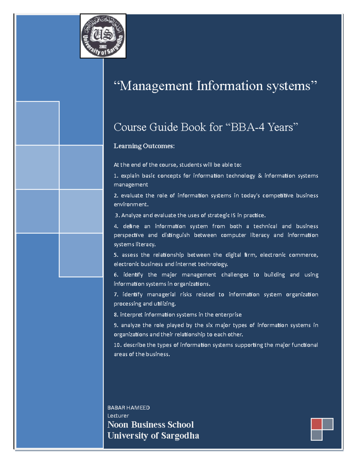 1588417038-mis-outlines-bba-2019 - “Management Information systems” Course Guide Book for “BBA-4 ...