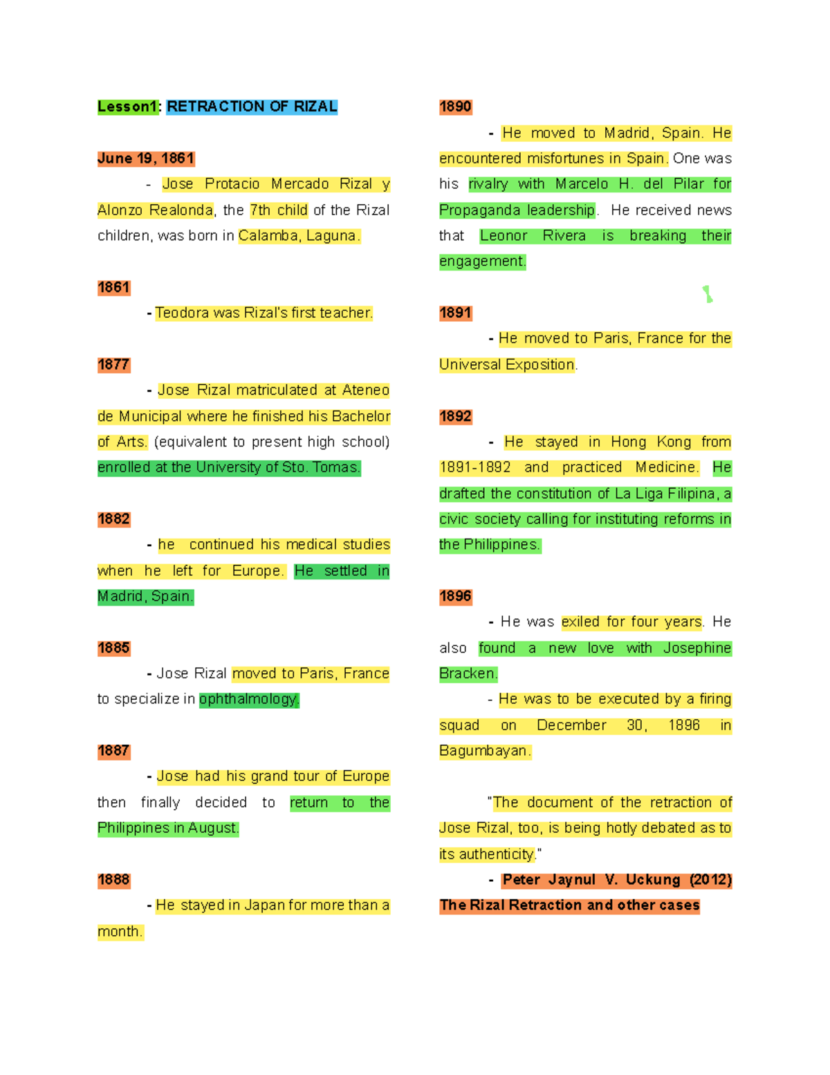 RPH- Reviewer- Finals - Lesson1: RETRACTION OF RIZAL June 19, 1861 ...