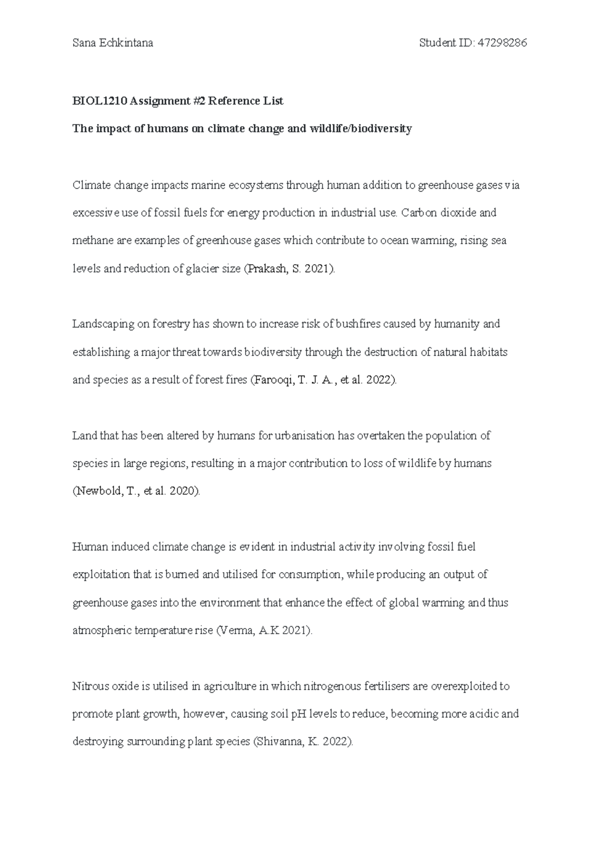 BIOL1210 Reference List Assignment - BIOL1210 Assignment #2 Reference ...