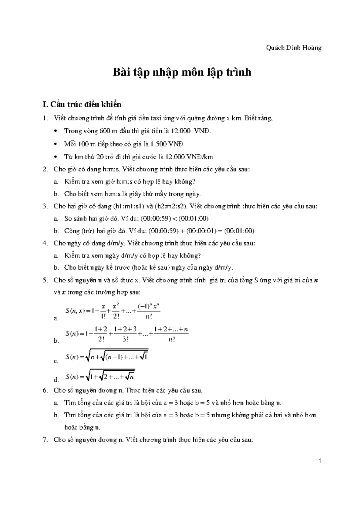 Bai tap nhap mon lap trinh Quach Dinh Hoang - Bài t p nh p môn l p trình I. C u trúc i u - Studocu