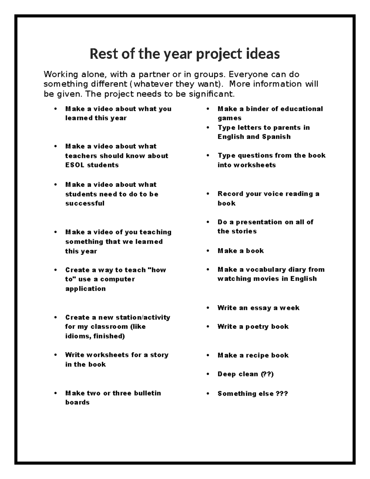 Endofthe Year Projectideas-1 - Rest of the year project ideas Working ...