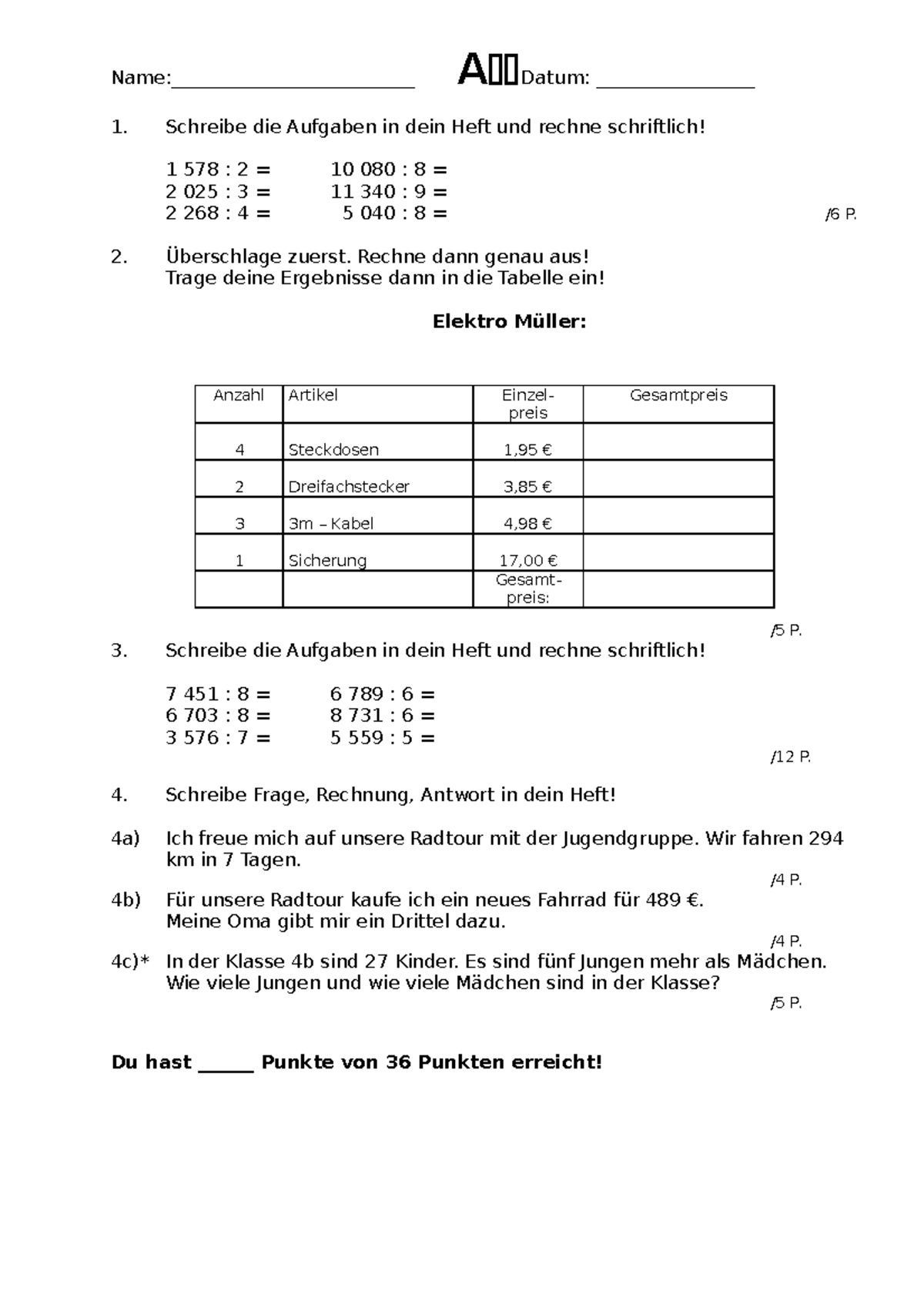 Mathetest schriftl Multiplikation Division Sachaufg Klasse 4 - Name