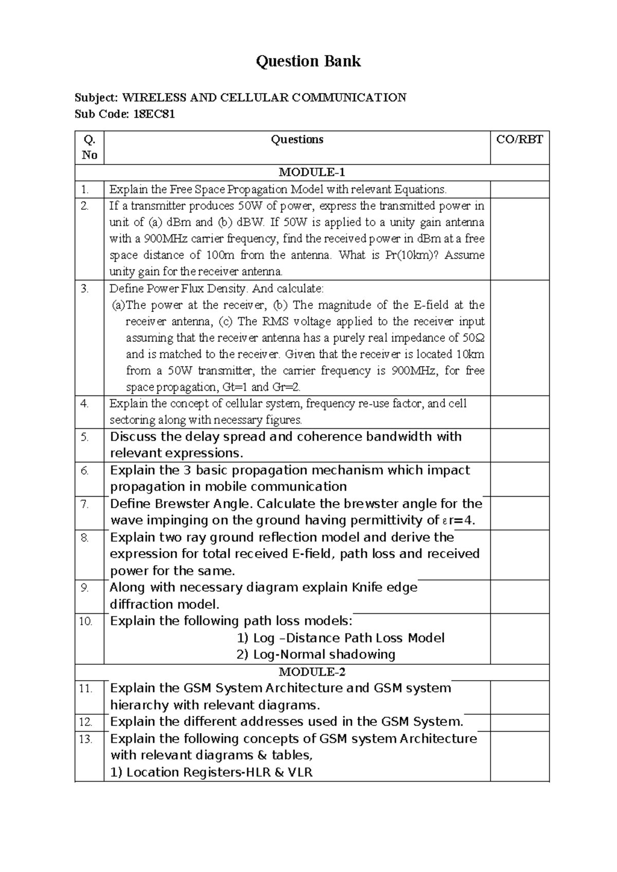 Question bank(WCC) - Question Bank Subject: WIRELESS AND CELLULAR ...