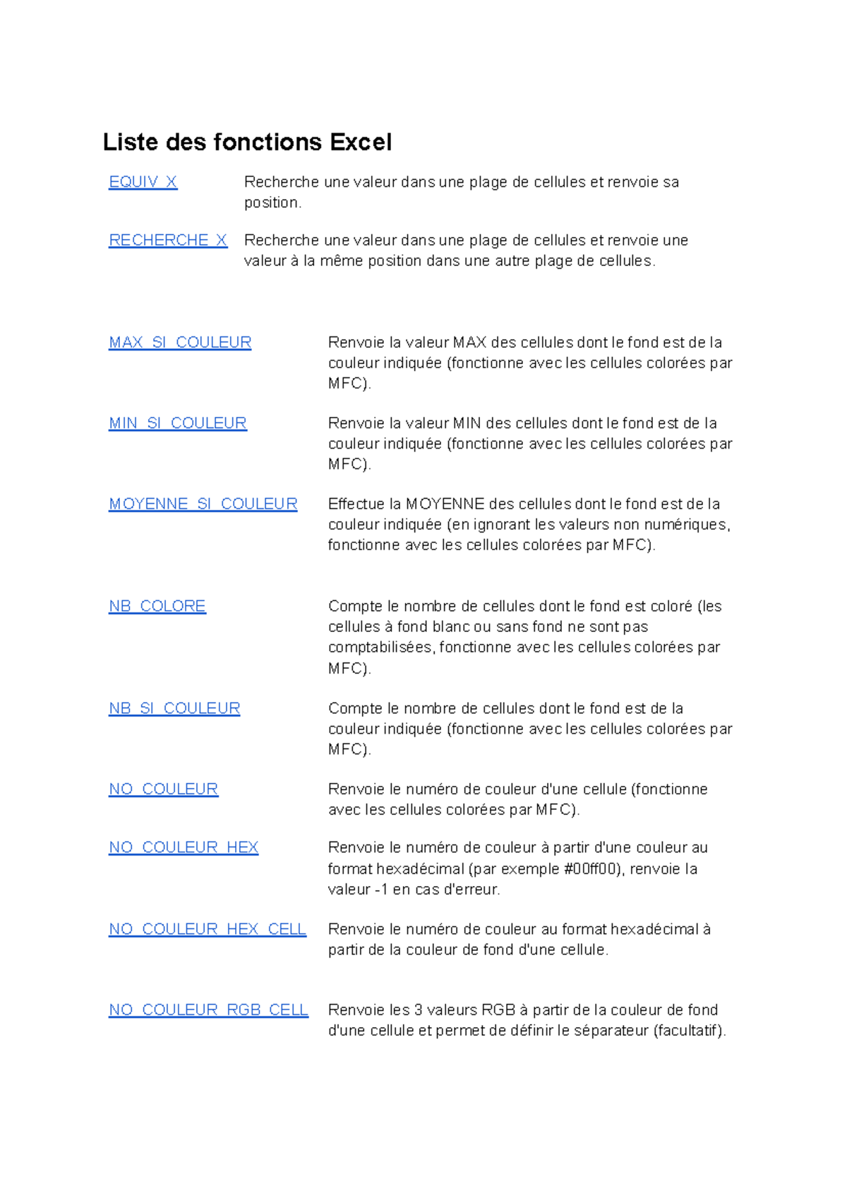 Liste des fonctions Excel - Liste des fonctions Excel EQUIV_X Recherche ...