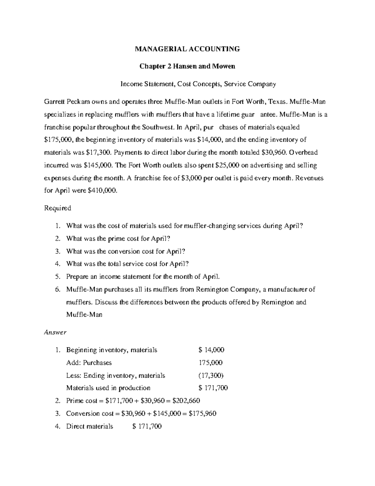 Managerial Accounting Chapter 2 Income Statement, Cost Concepts ...