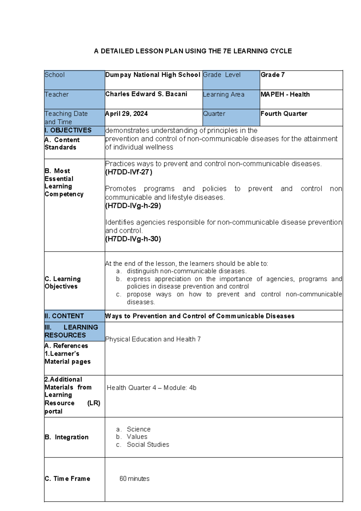 Health 7-2 - A DETAILED LESSON PLAN USING THE 7E LEARNING CYCLE School ...