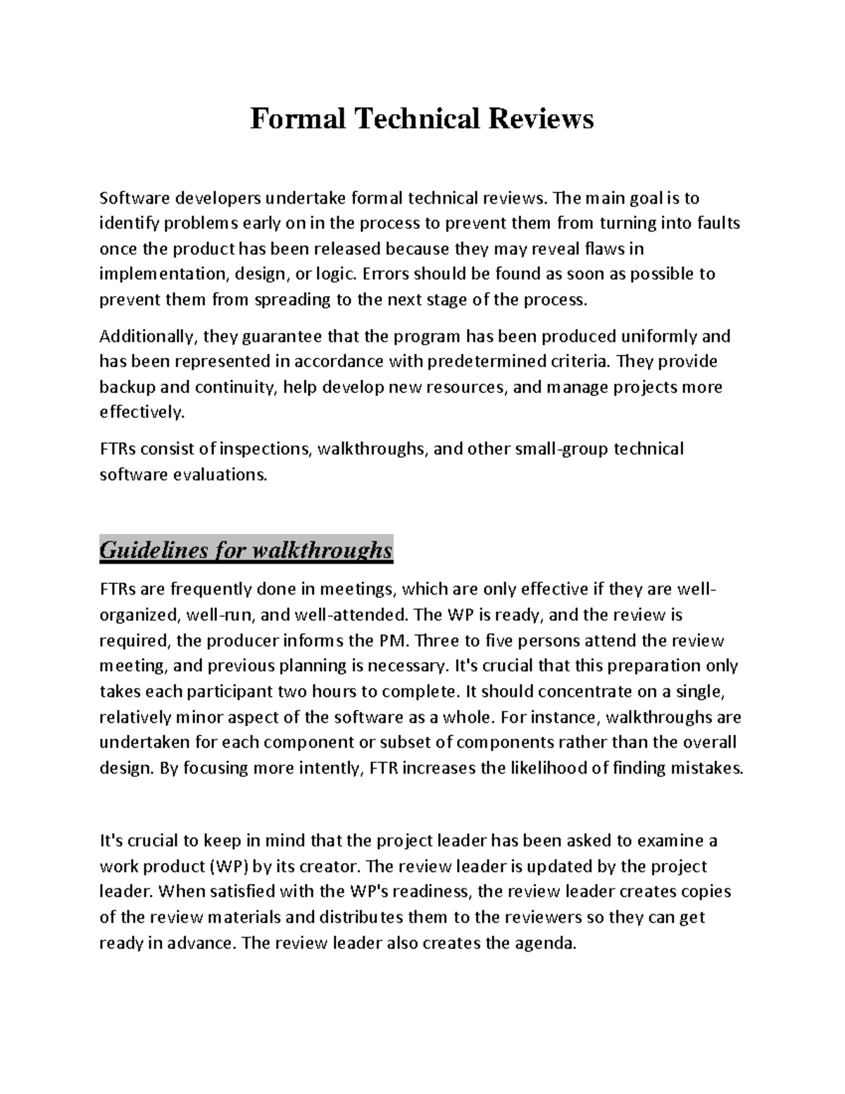 Formal Technical Reviews - Formal Technical Reviews Software developers ...