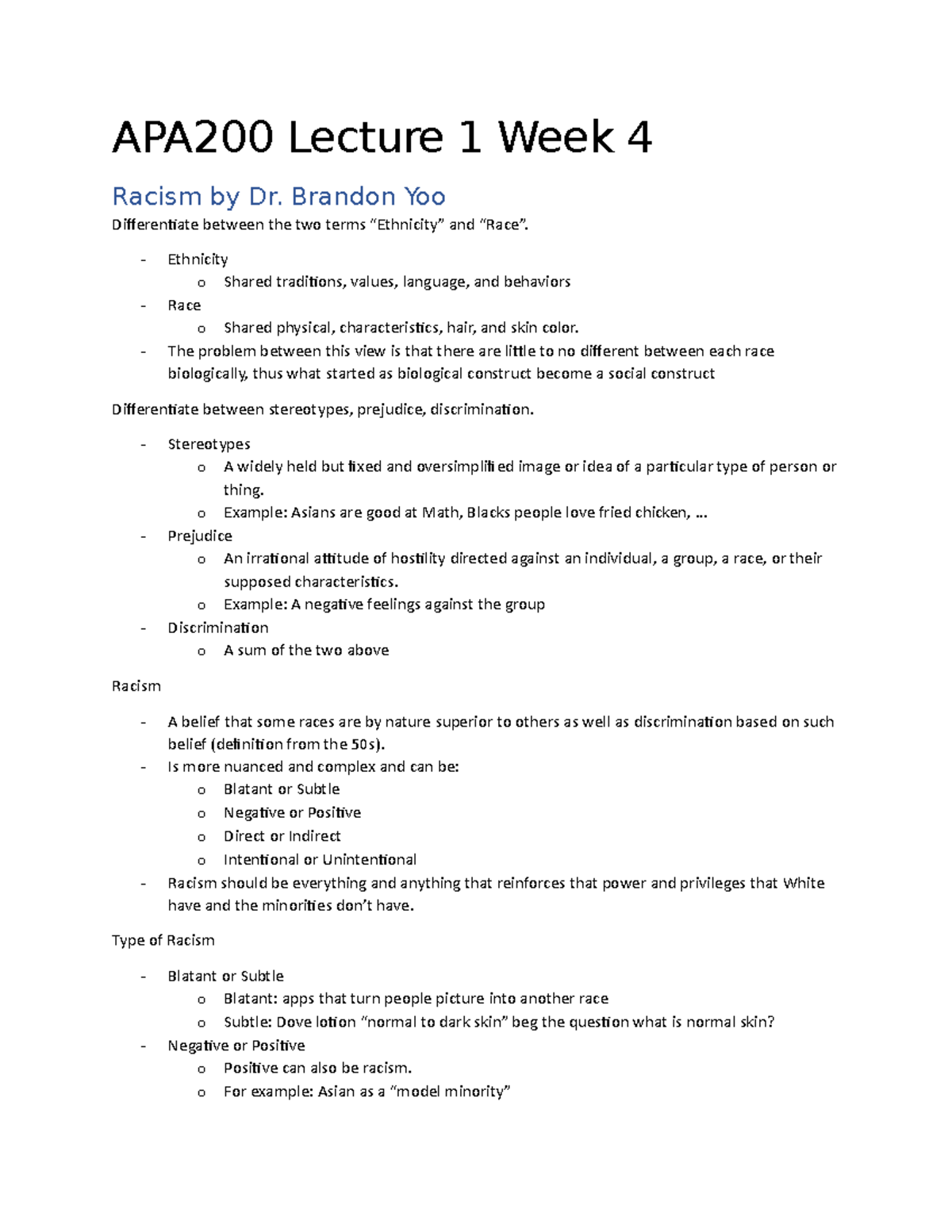 Lecture 1 Week 4 - APA200 Lecture 1 Week 4 Racism by Dr. Brandon Yoo ...