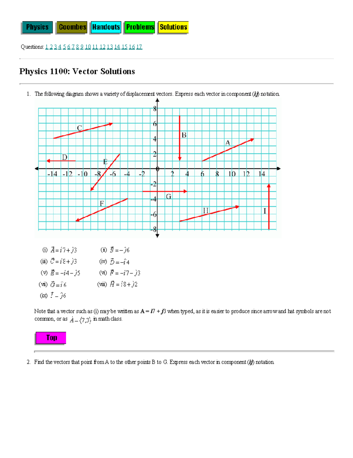 PHYS 1100 Vector Solutions - Questions: 1 2 3 4 5 6 7 8 9 10 11 12 13 ...