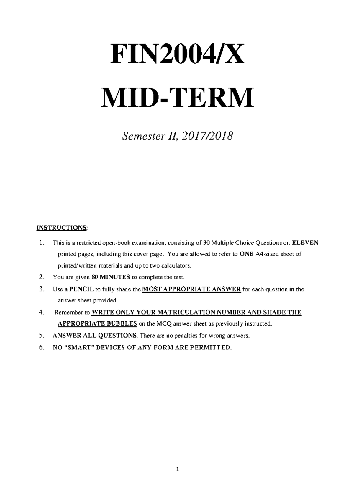 Midterm 2017 2018 Sem2 Solutions - FIN2004/X MID-TERM Semester II, 2017 ...