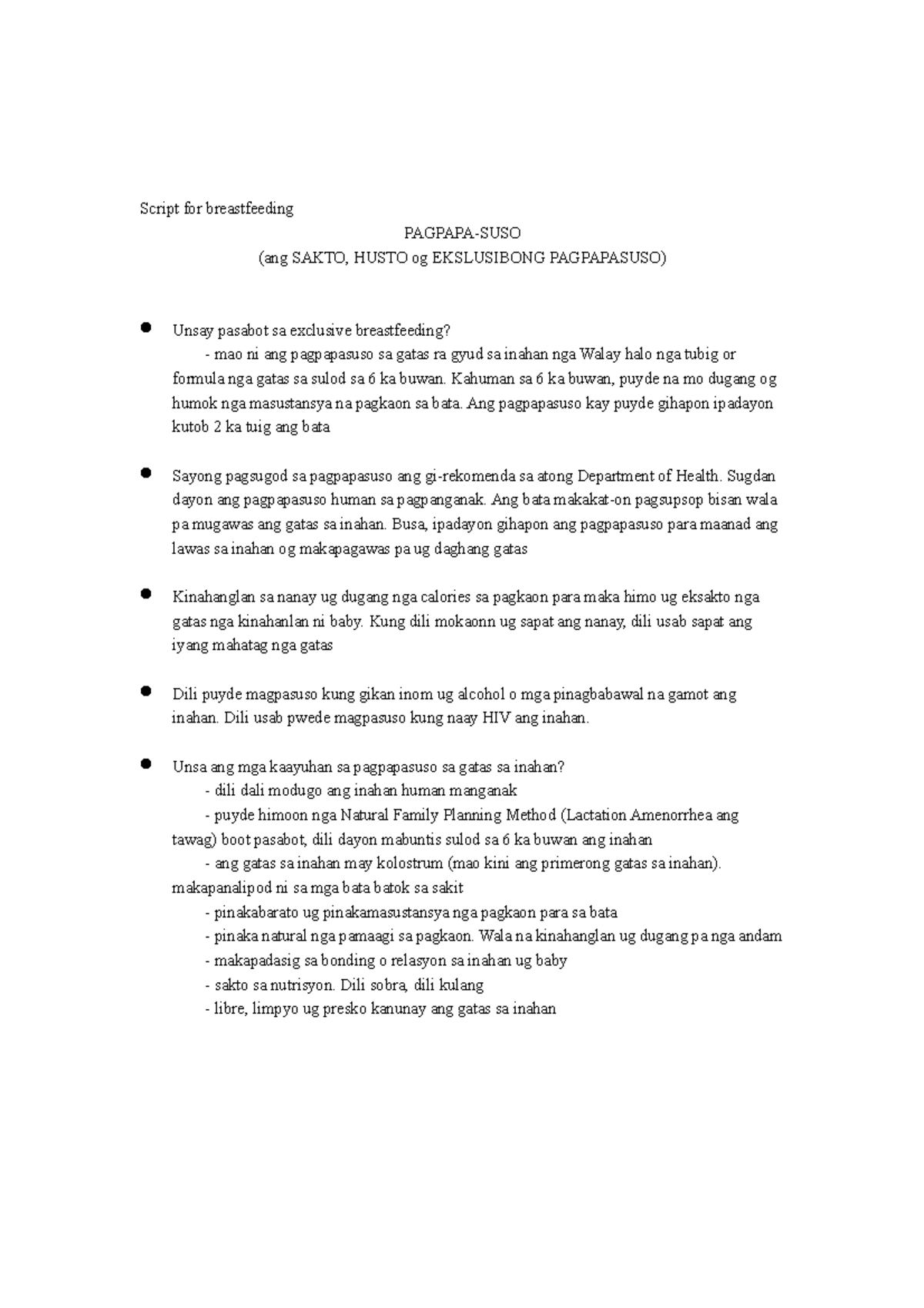 Breastfeeding in tagalog - Script for breastfeeding PAGPAPA-SUSO (ang ...