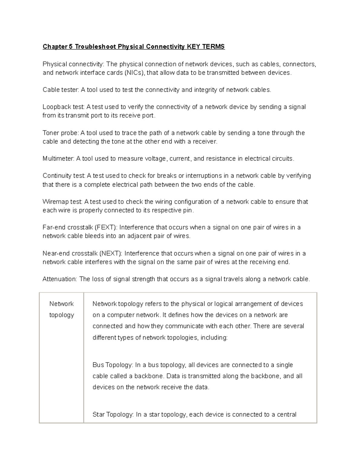 Chapter 5 Troubleshoot Physical Connectivity KEY Terms - Cable tester ...