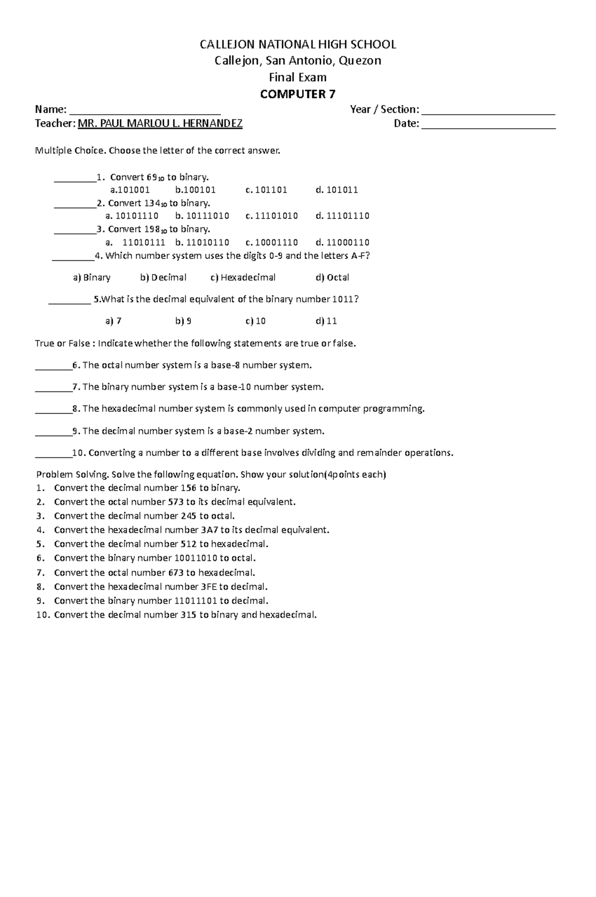 4th Quarterly exam computer - CALLEJON NATIONAL HIGH SCHOOL Callejon ...