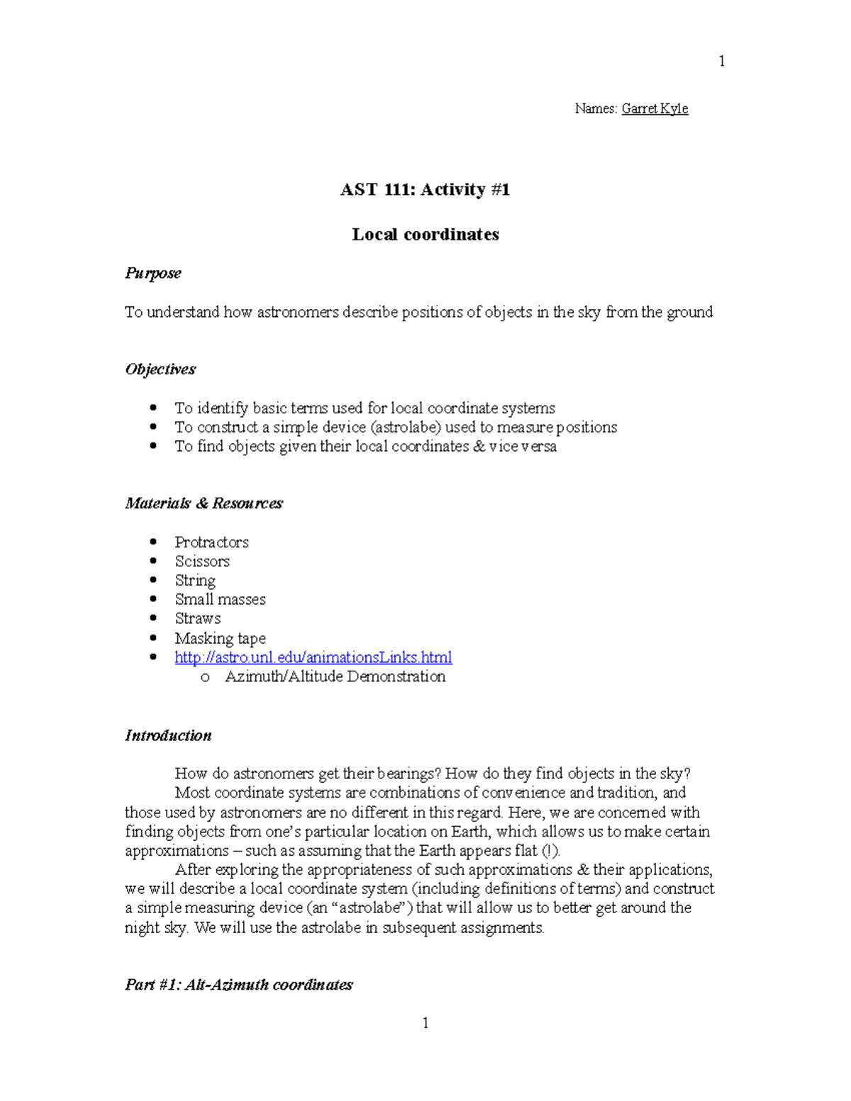 AST111 Activity 1 Coordinate Systems - 1 Names: Garret Kyle AST 111 ...