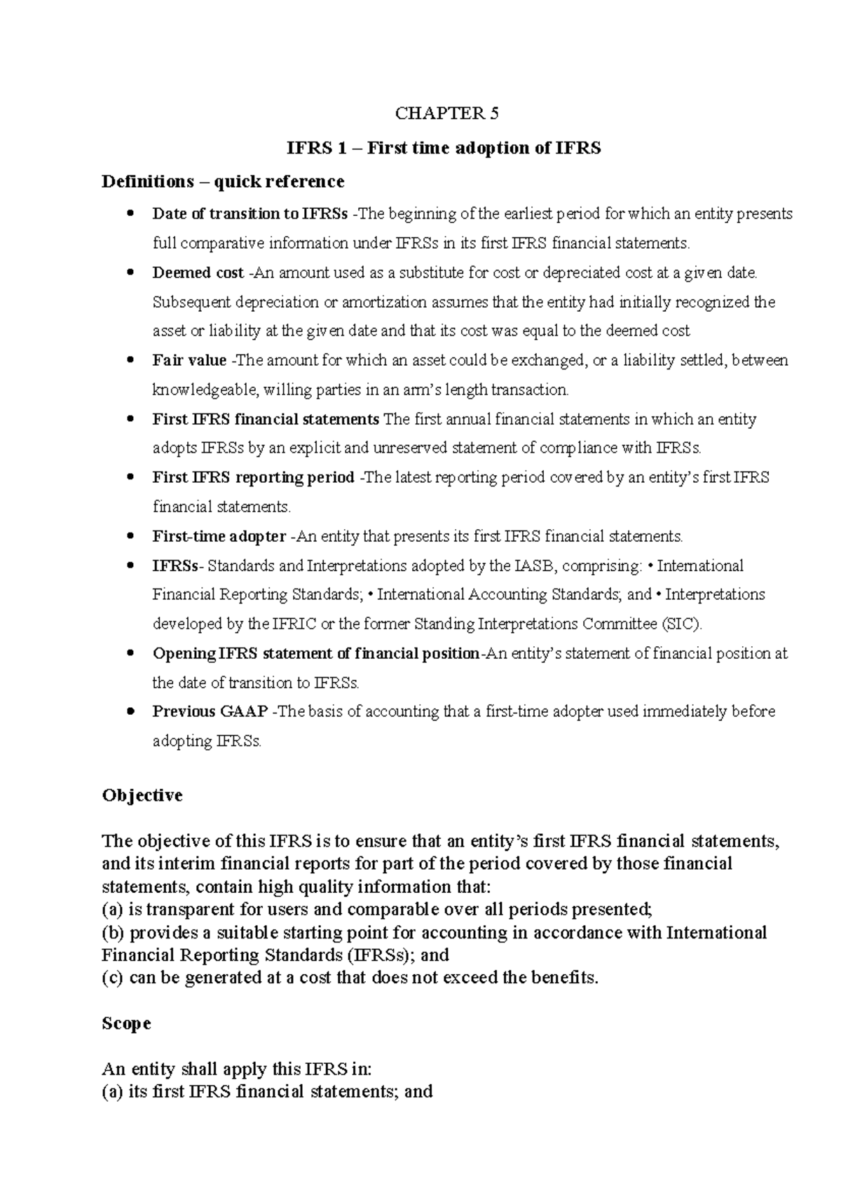 Chapter 5 IFRS - Notes - CHAPTER 5 IFRS 1 – First time adoption of IFRS ...