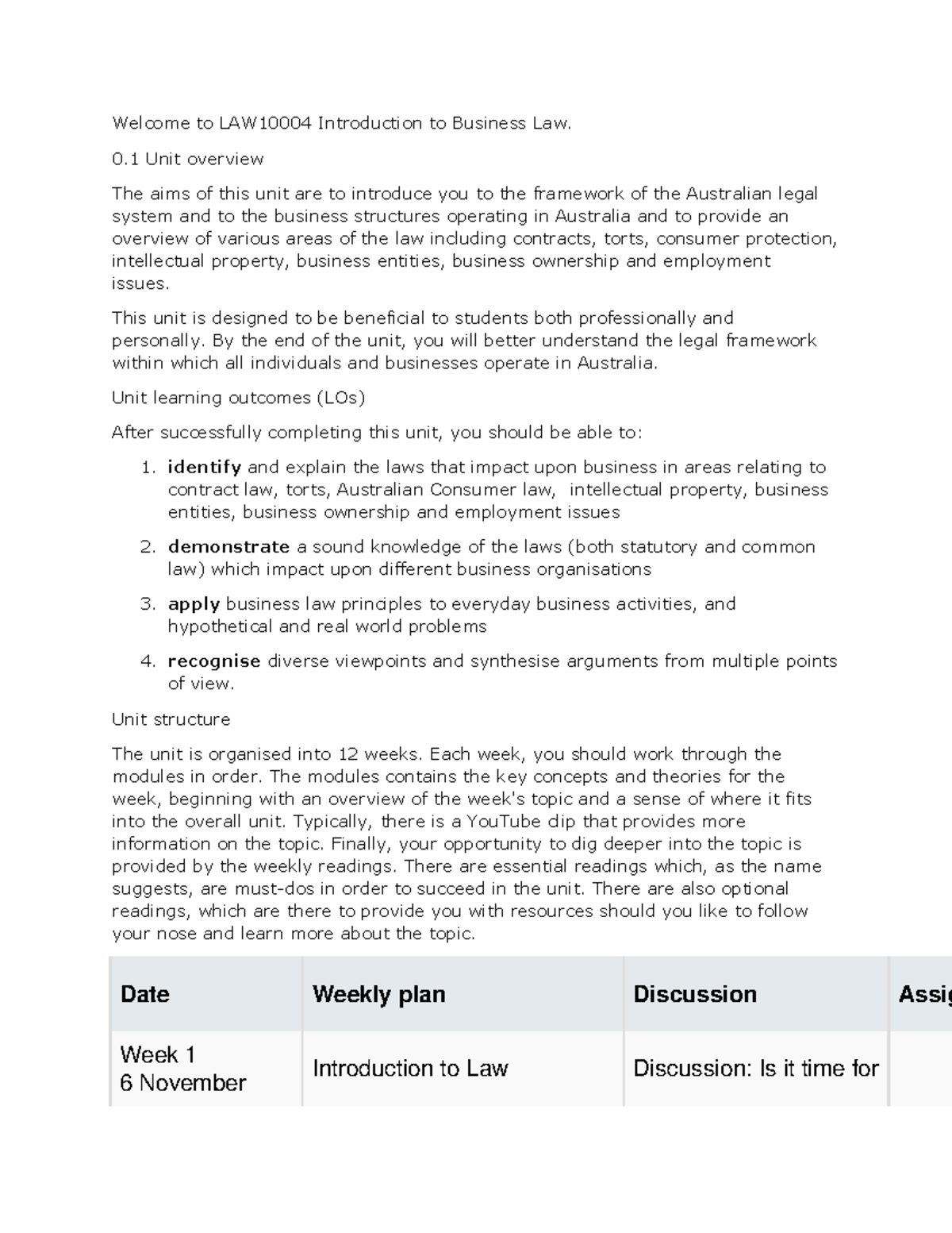 WEEK 1 UNIT OVERVIEW Introduction to Law - Welcome to LAW10004 ...