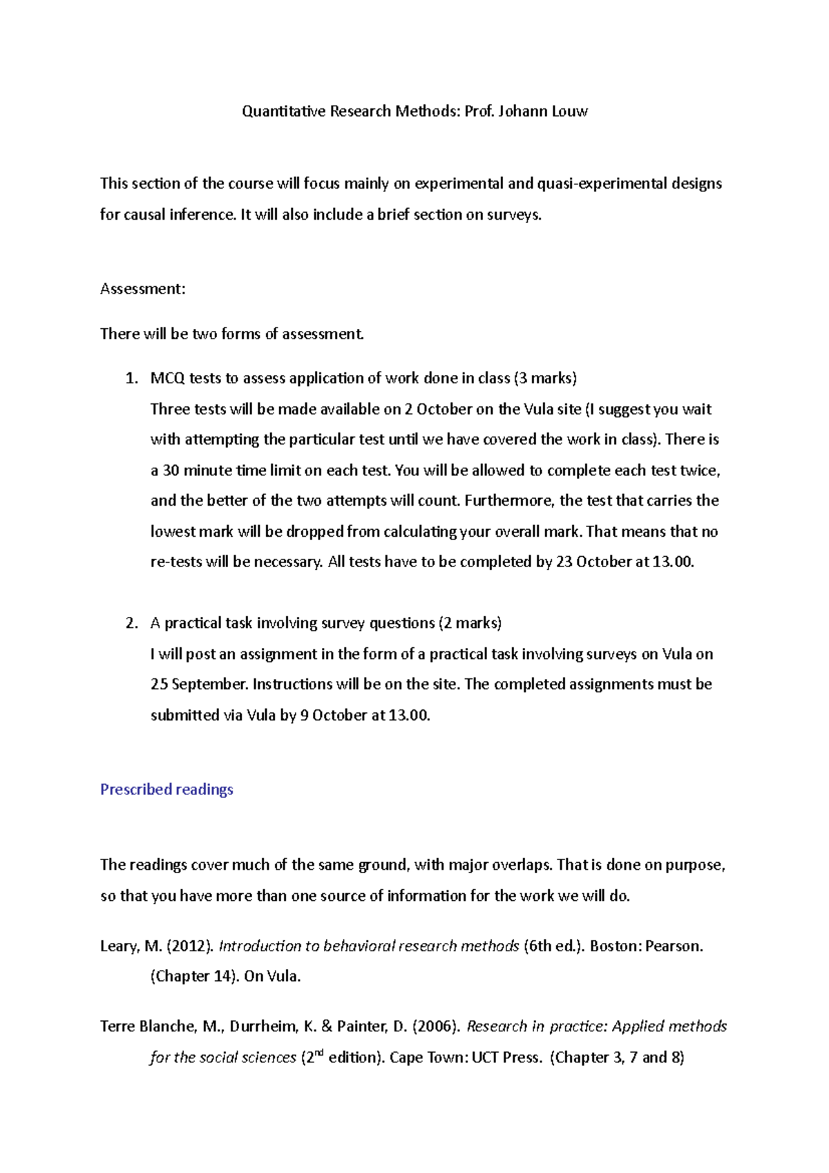 Section Outline in SA - Quantitative Research Methods: Prof. Johann ...