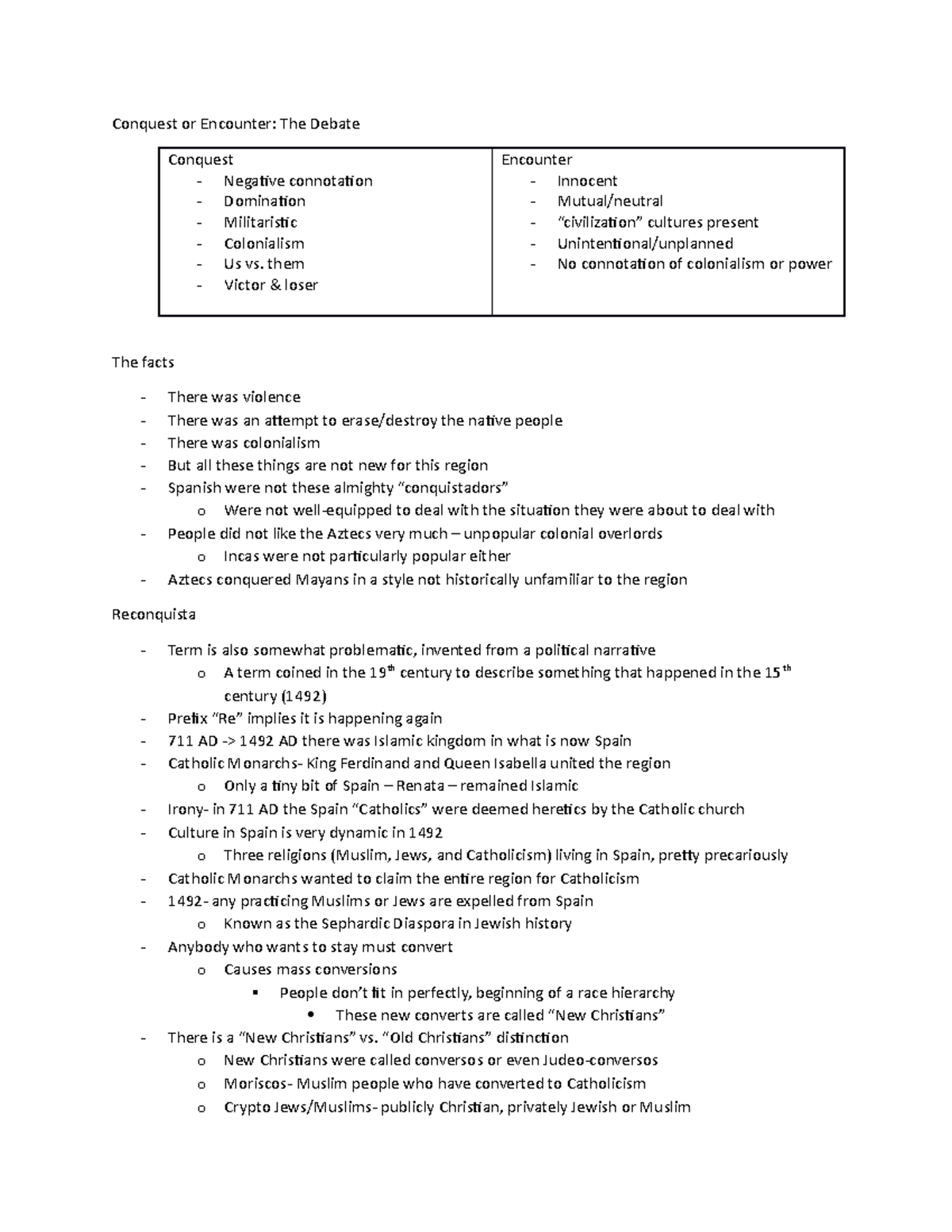 Chapter 2 Lecture Notes - Conquest or Encounter: The Debate Conquest ...