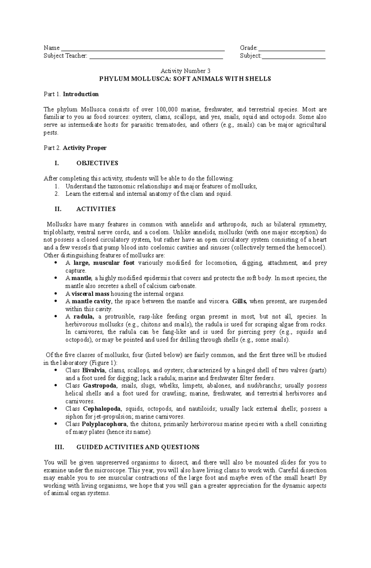 Activity 3 Phylum Mollusca - Name ...