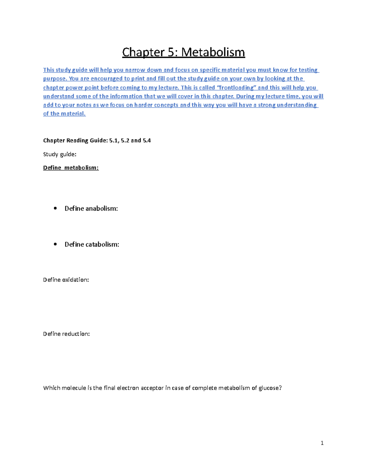 Chapter 5 - Metabolism study guide - This study guide will help you ...