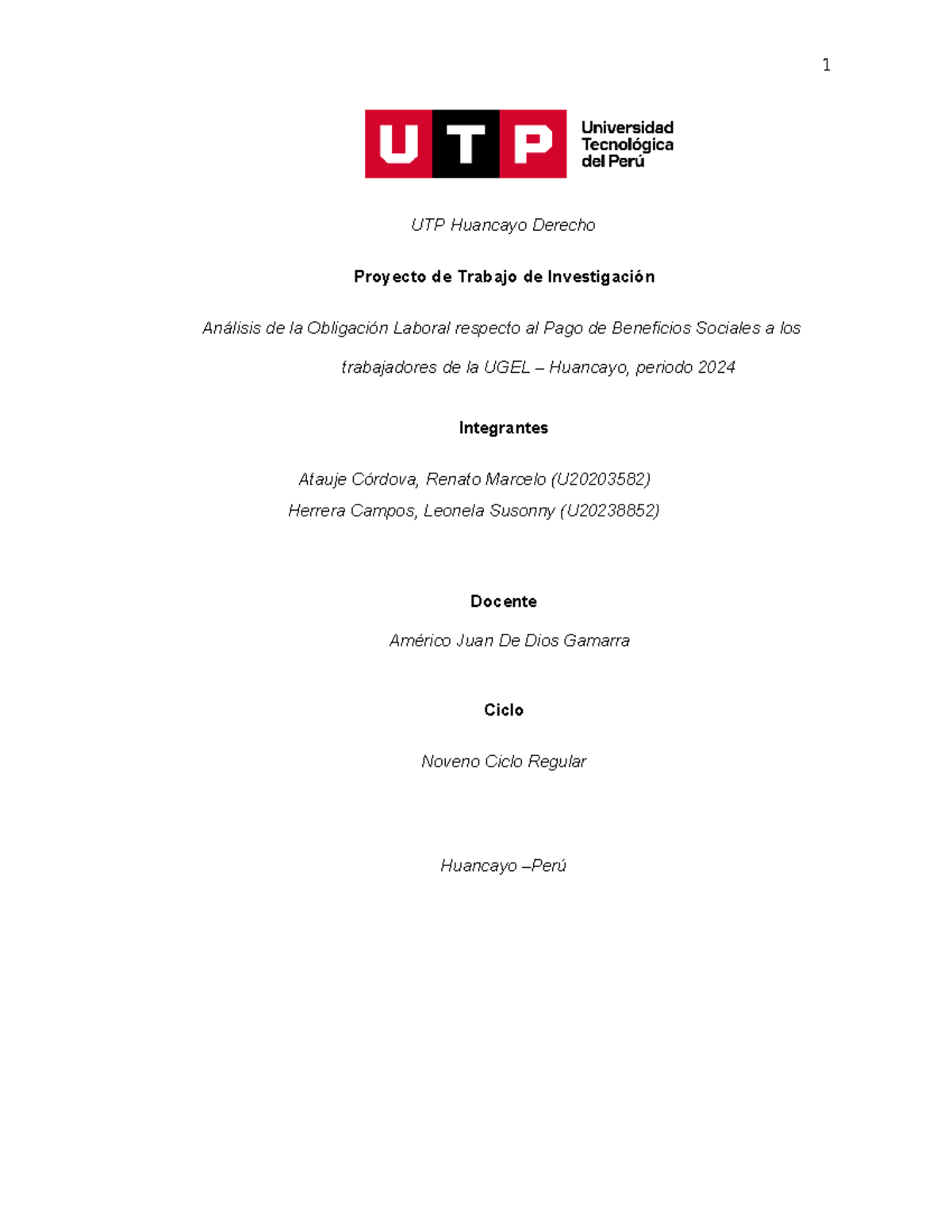 Avance - TA2 - Metodología DE LA Investigación - UTP Huancayo Derecho Proyecto de Trabajo de ...