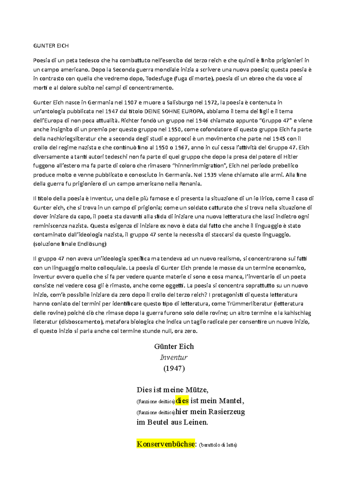 Gunter EICH - appunti presi a lezione sulle varie poesie trattate ...