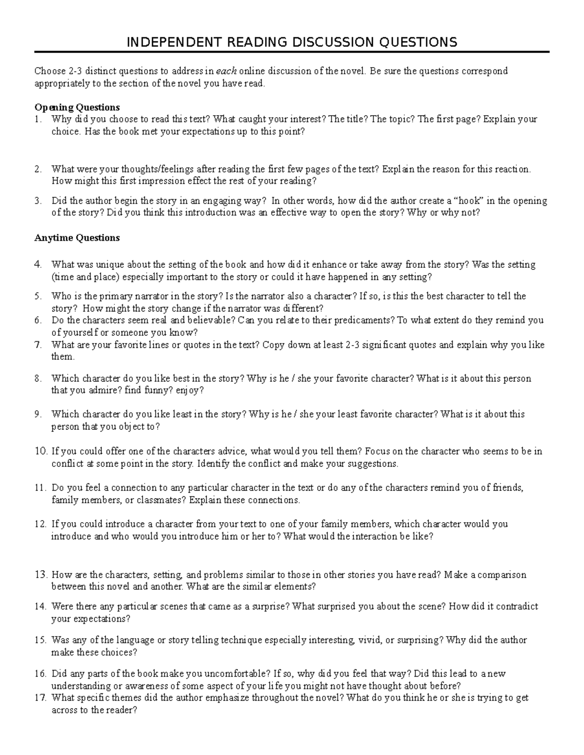 Ind. Reading Questions - INDEPENDENT READING DISCUSSION QUESTIONS ...