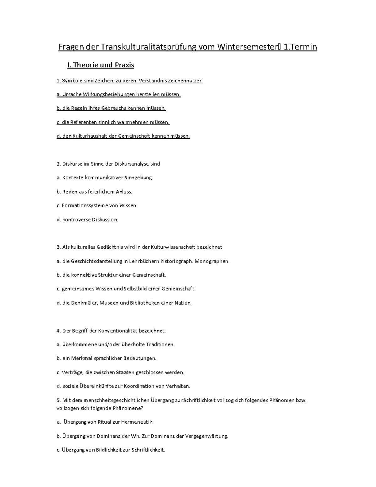 Klausur 2014, Fragen und Antworten - Fragen der Transkulturalitätsprüfung vom Wintersemester 1 I ...