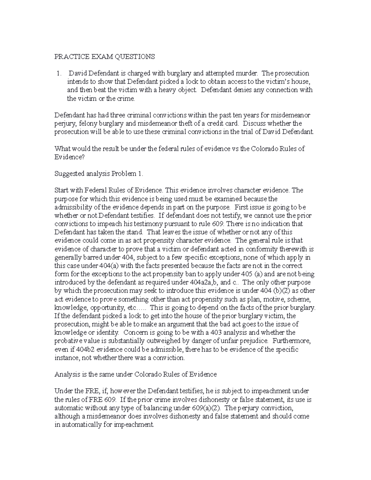 Evidence practice exam summer 2022 - PRACTICE EXAM QUESTIONS David ...