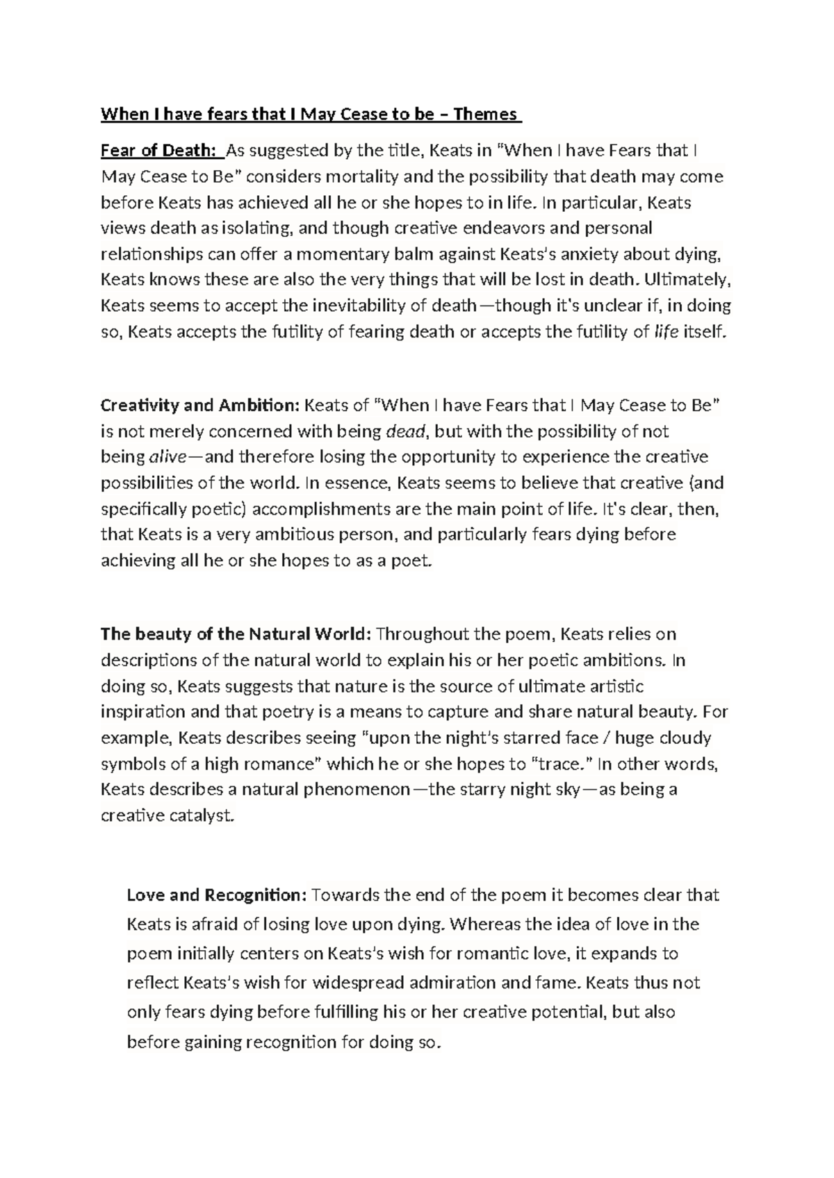 When I have fears that I May Cease to be - themes and Messages - When I ...