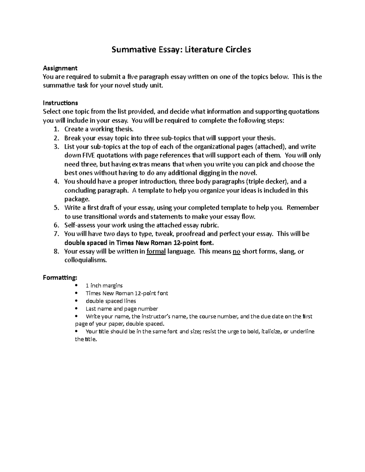 Summative Essay ENG 2D Lit Circles - Summative Essay: Literature ...