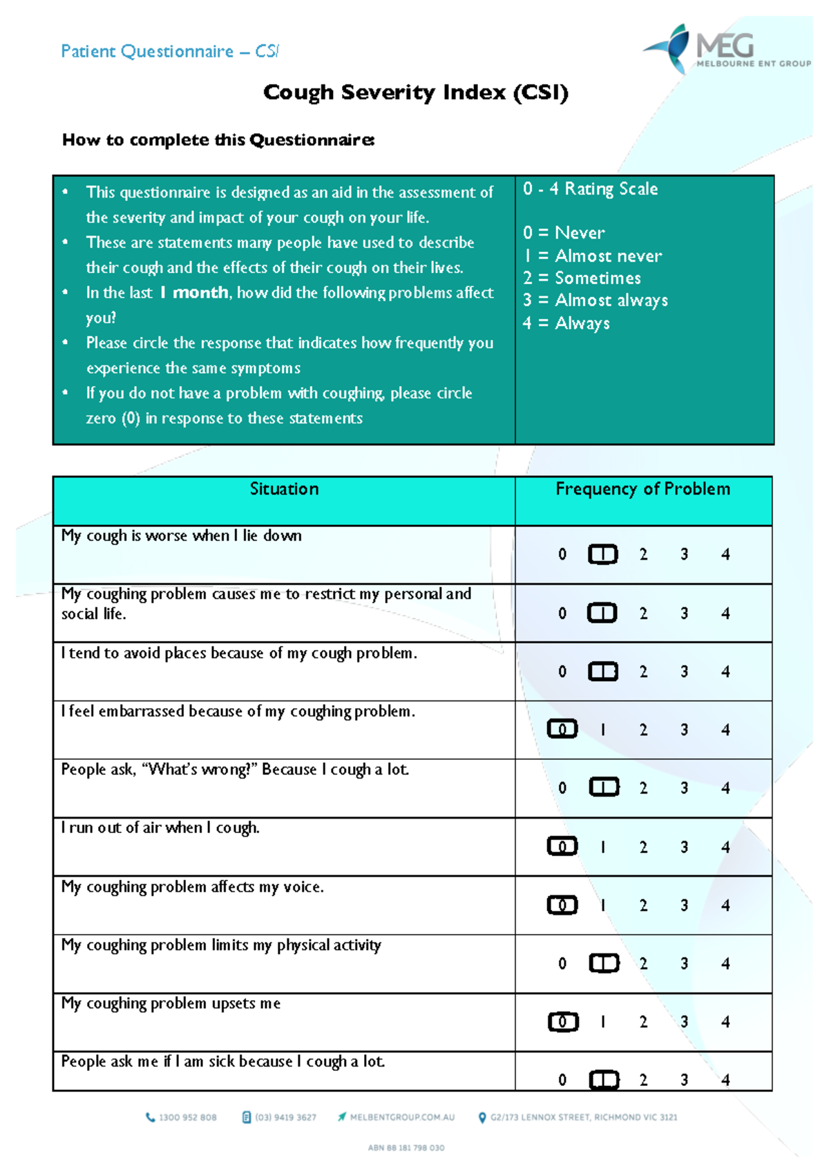 MEG Cough Severity Index CSI Scoring - Patient Questionnaire – CSI ...