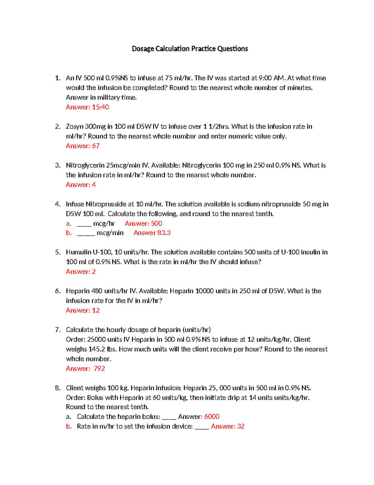 Dosage Practice - Dosage Calculation Practice Questions An IV 500 ml 0 ...