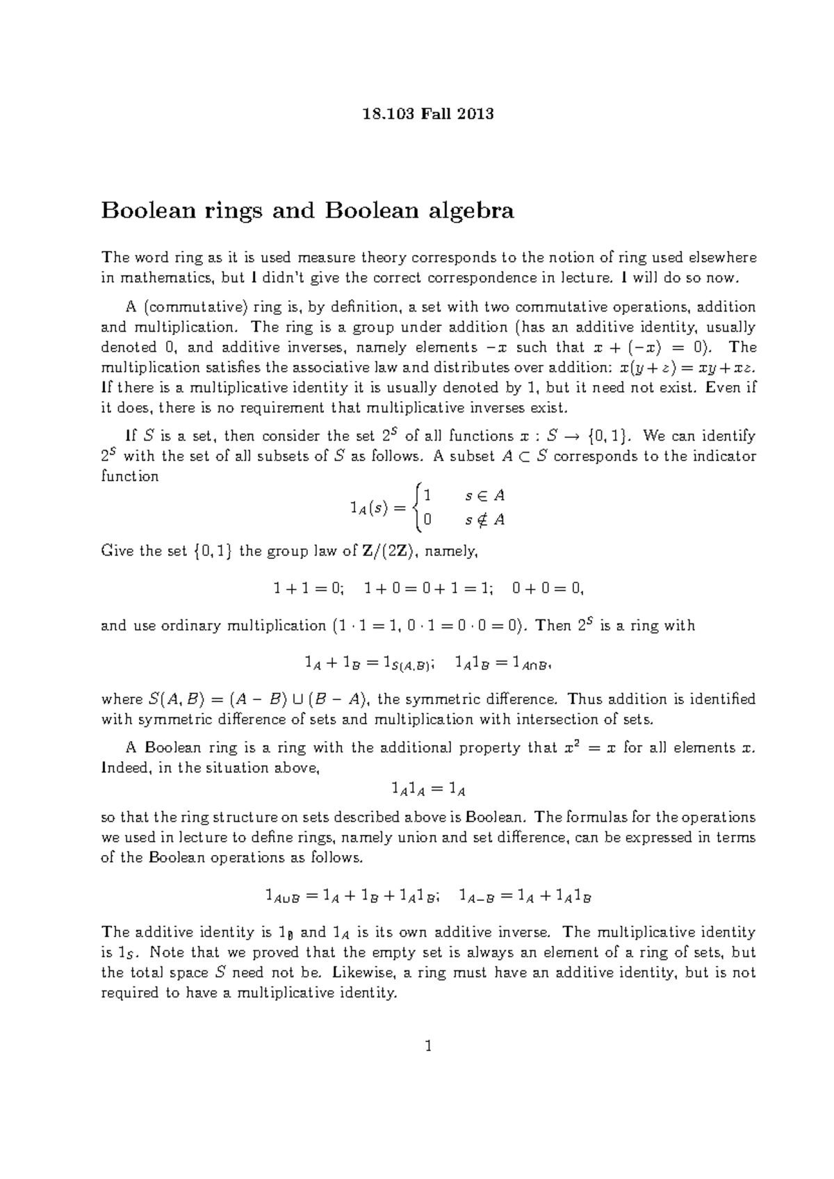 Rings - 18 Fall 2013 Boolean rings and Boolean algebra The word ring as ...