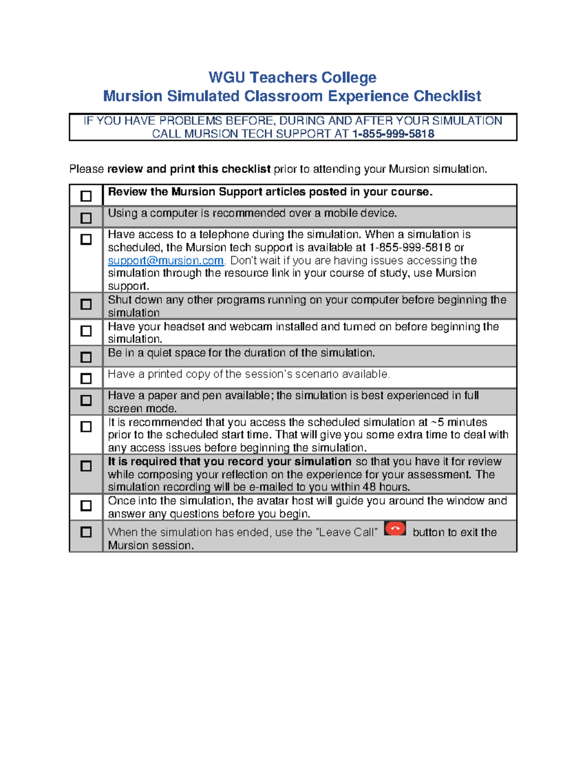 Mursion checklist - WGU Teachers College Mursion Simulated Classroom ...