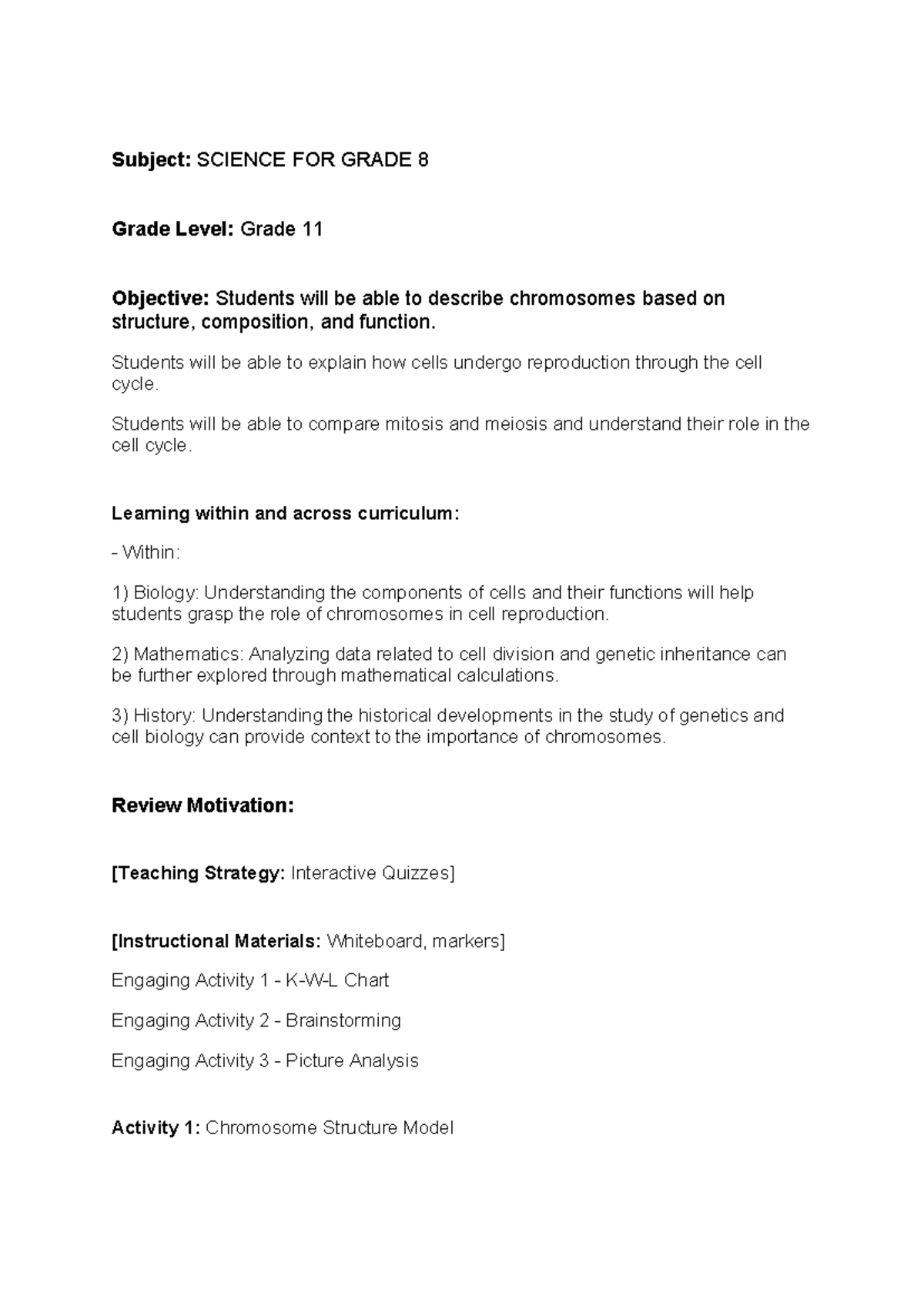 Lesson plan (10) - Practice - Subject: SCIENCE FOR GRADE 8 Grade Level ...