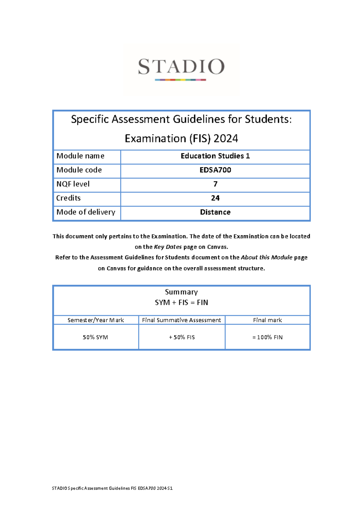 EDSA700 2024 S1 Examination Specific Assessment Guideline V1 24 FIS ...