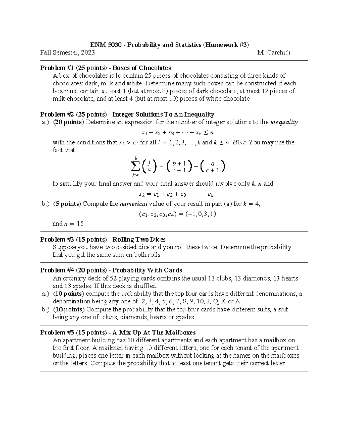 Hmk#3 p-2 - ENM 5030 - Probability and Statistics (Homework # 3 ) Fall Semester, 2023 M ...