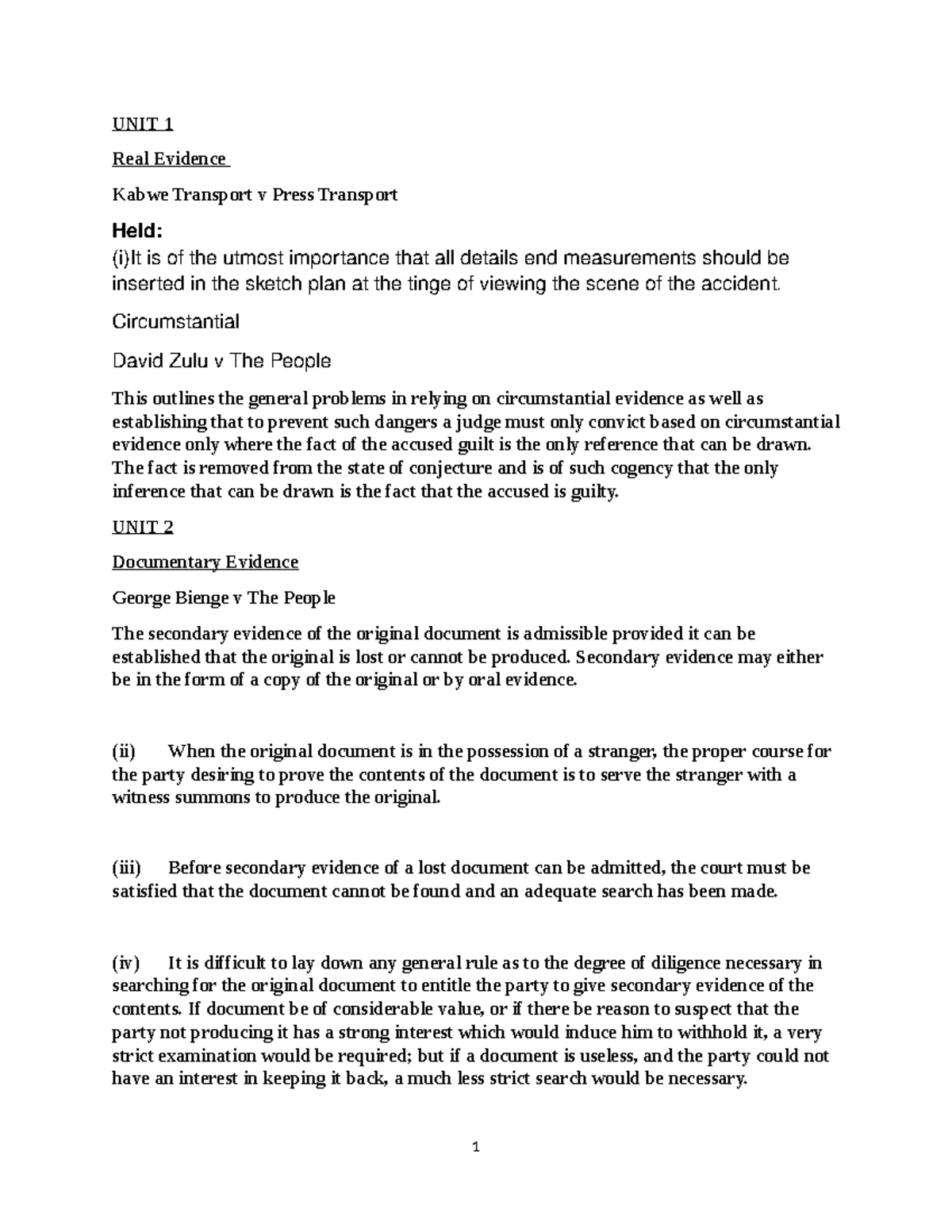 LAW OF Evidence Cases - Law - UNIT 1 Real Evidence Kabwe Transport v ...
