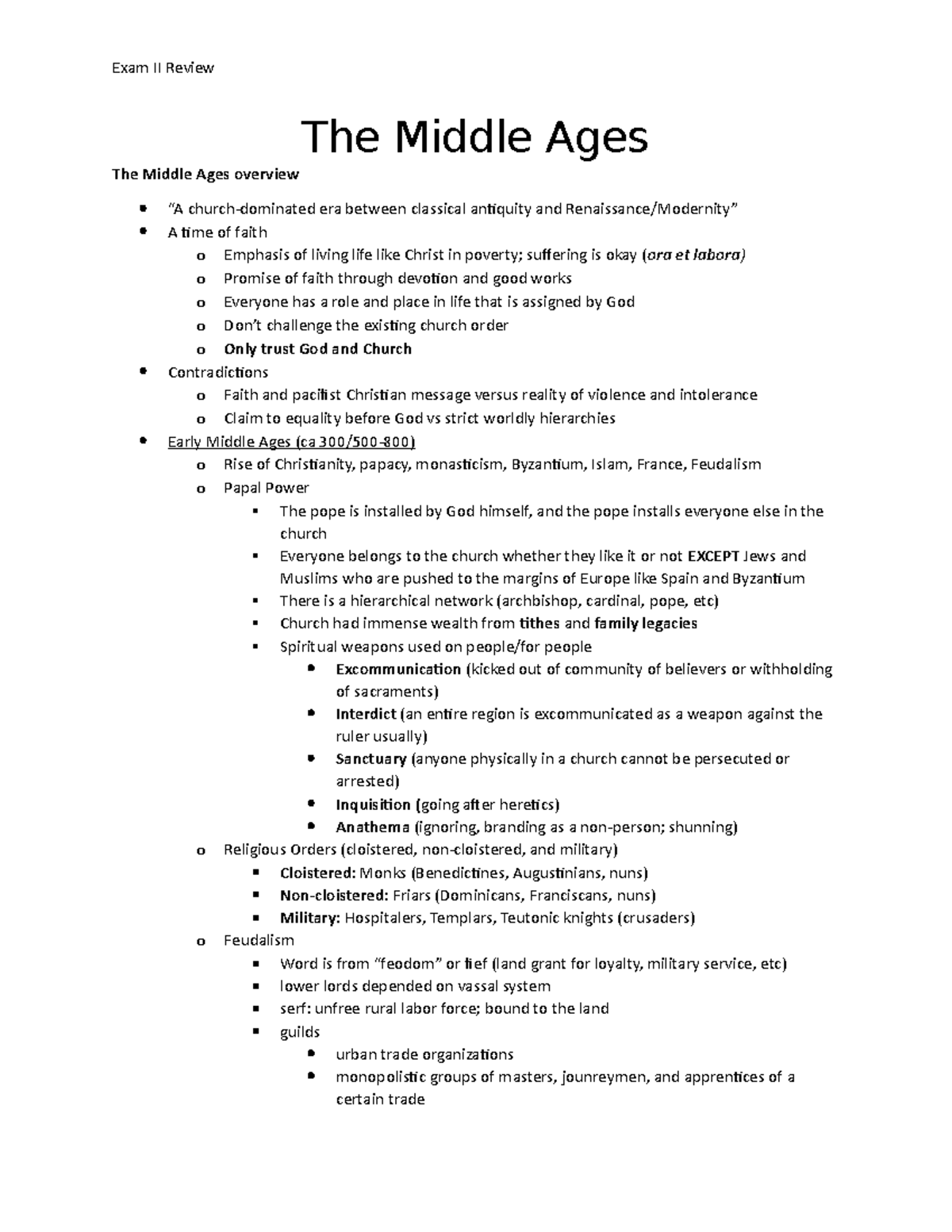Summary - exam 2 review - Exam II Review The Middle Ages The Middle ...