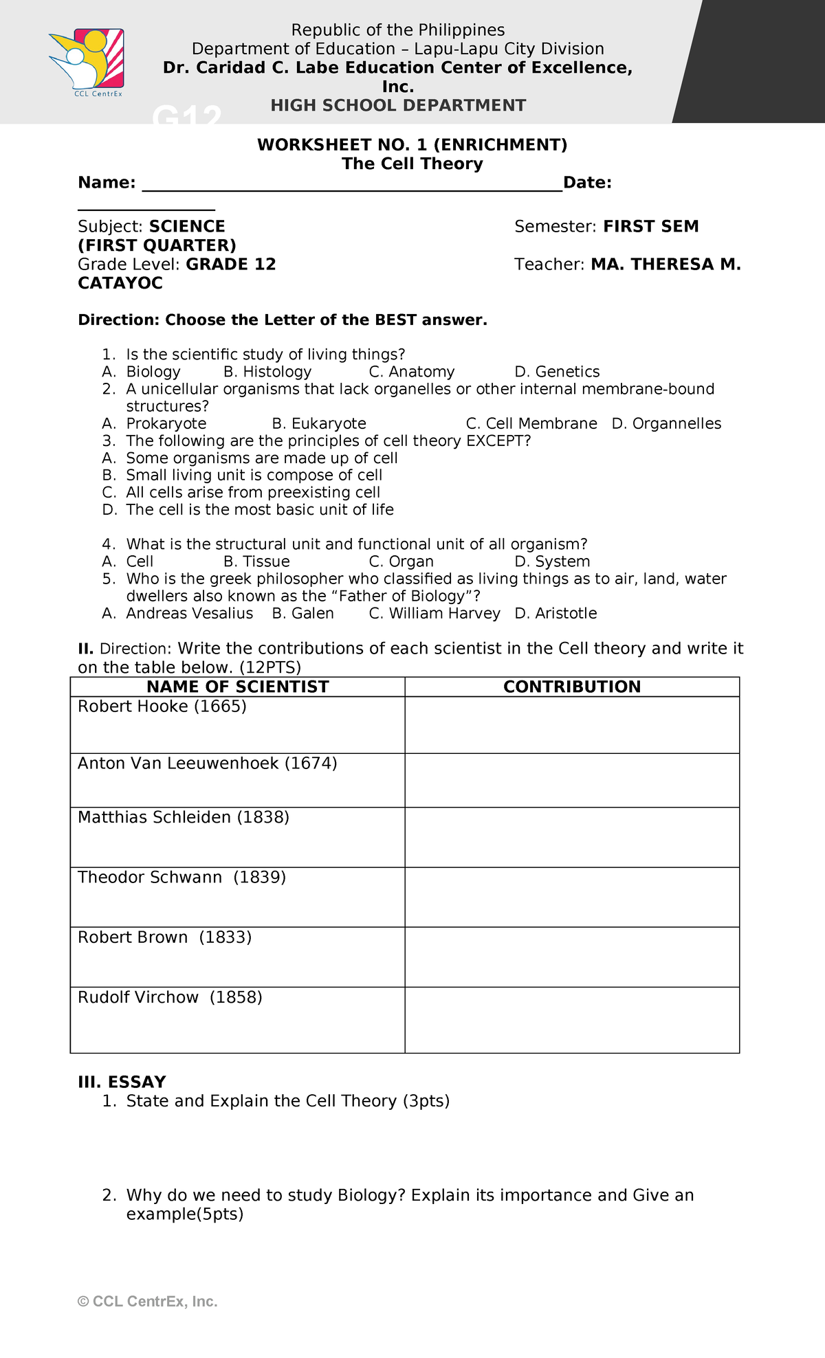 Grade 12 Science Worksheet - Republic of the Philippines Department of ...